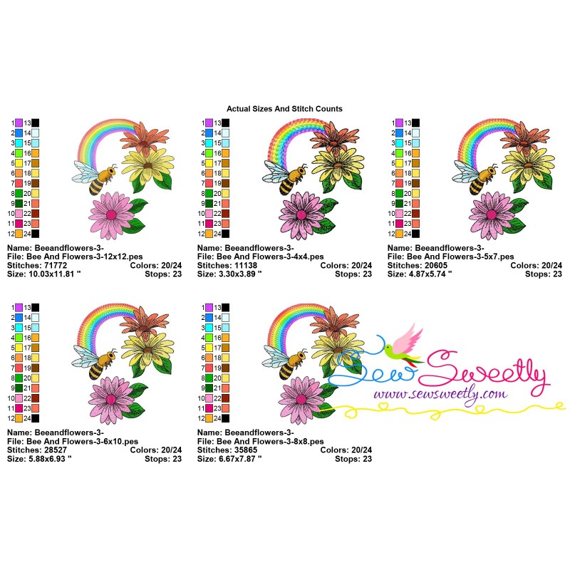 Bee Flowers And Rainbow-3 Embroidery Design Pattern