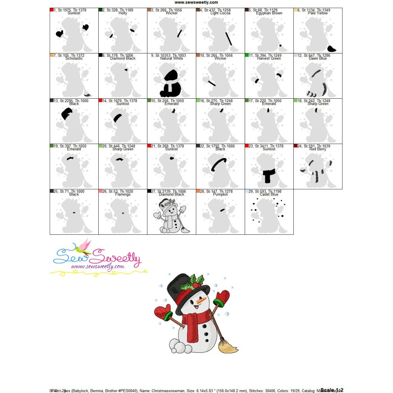 Christmas Snowman Broom Embroidery Design Pattern