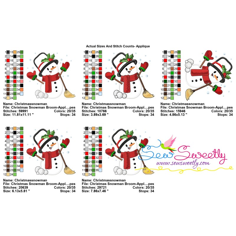 Christmas Snowman Broom Applique Design Pattern