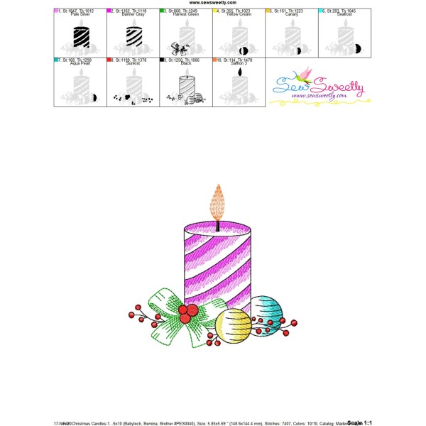 Christmas Candle-10 Light Fill Embroidery Design Pattern