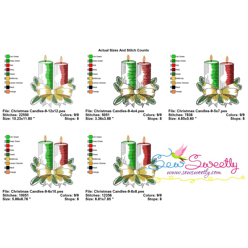 Christmas Candles-9 Light Fill Embroidery Design Pattern