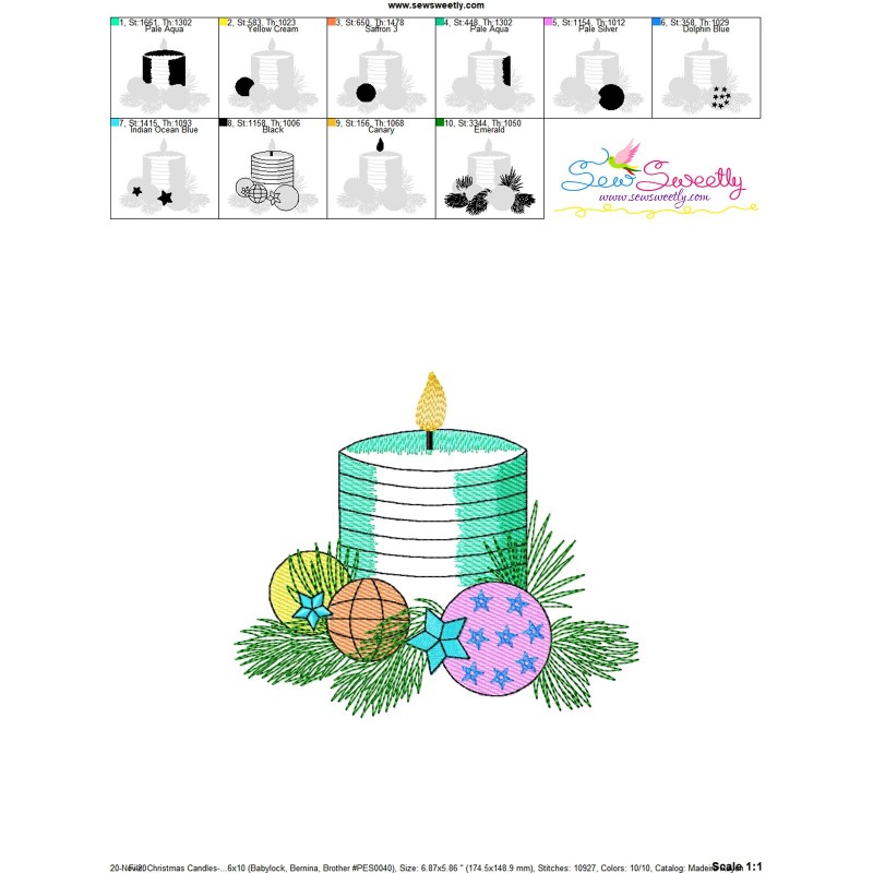 Christmas Candle-5 Light Fill Embroidery Design Pattern