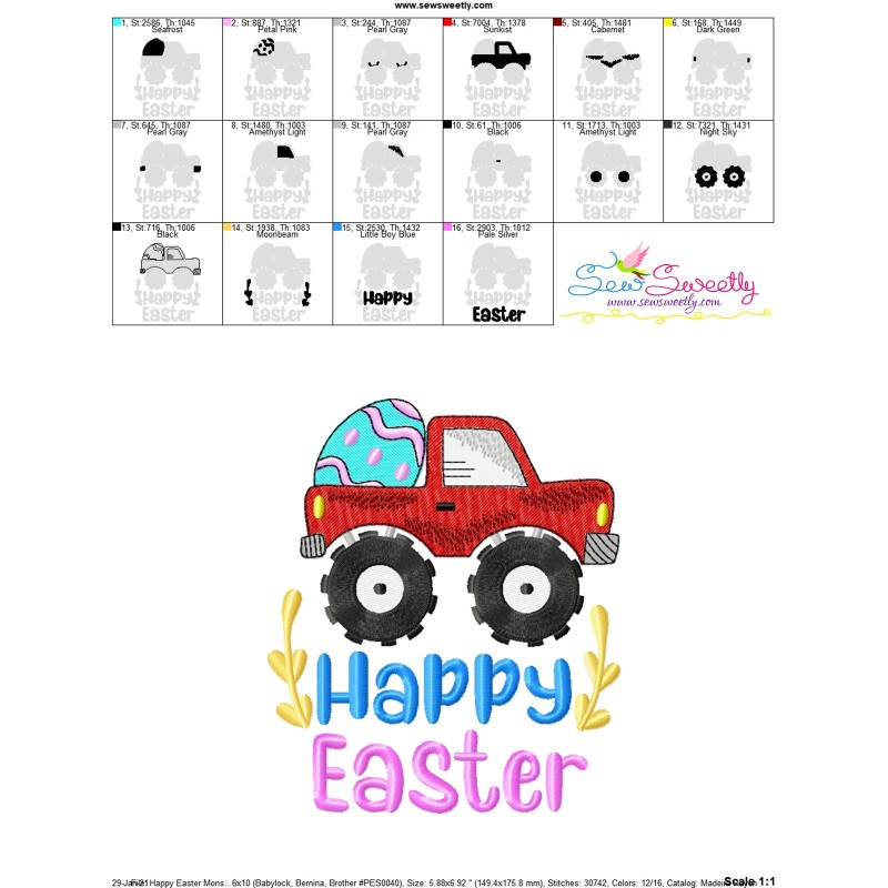 Happy Easter Monster Truck With Egg Embroidery Design Pattern