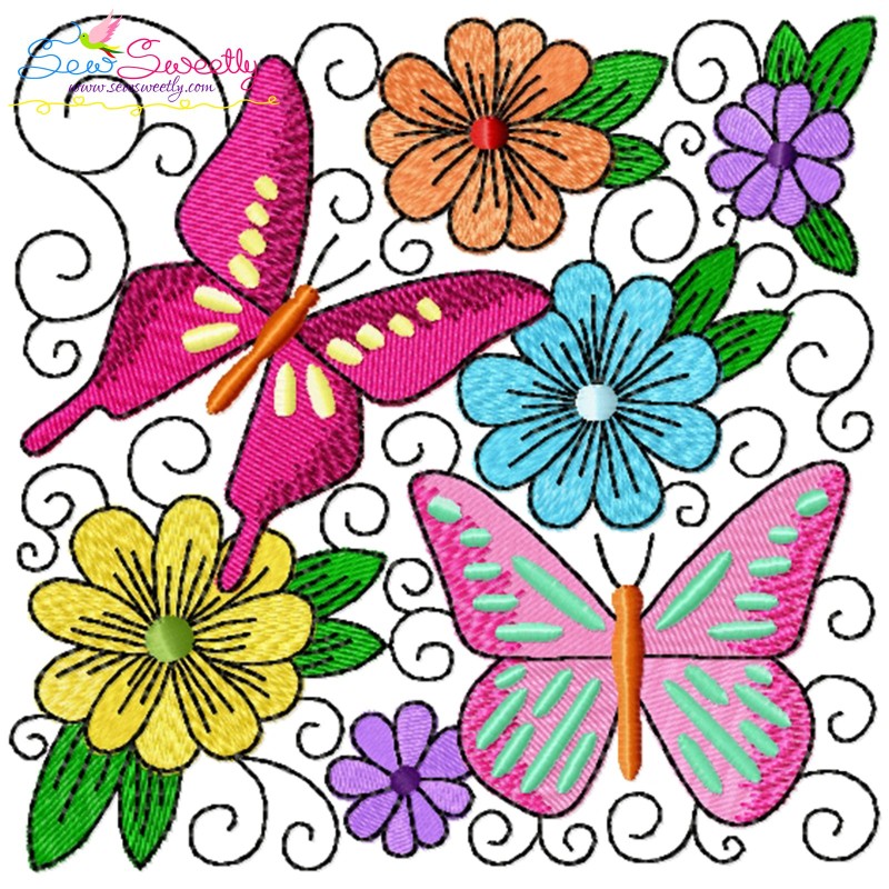Butterfly And Flowers Quilt Blocks Embroidery Design Pattern Bundle