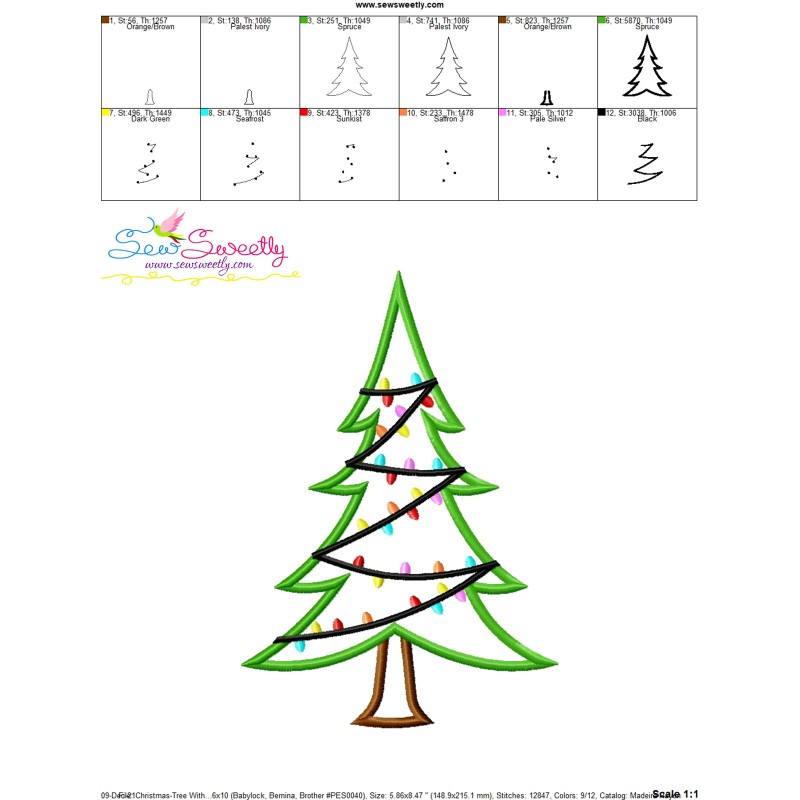 Christmas Tree With Lights Applique Design Pattern