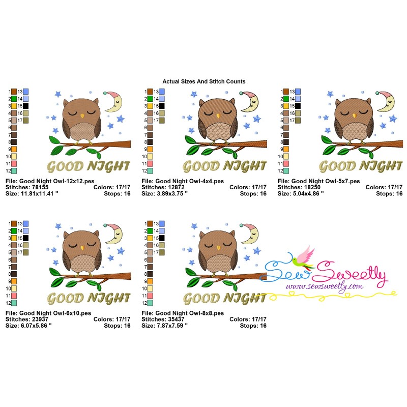 Good Night Owl Lettering Embroidery Design Pattern