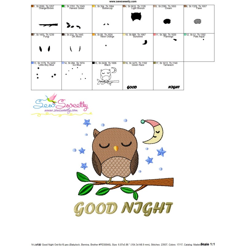 Good Night Owl Lettering Embroidery Design Pattern