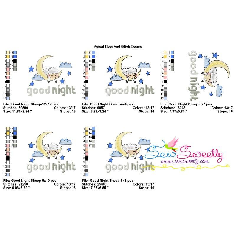 Good Night Sheep Lettering Embroidery Design Pattern