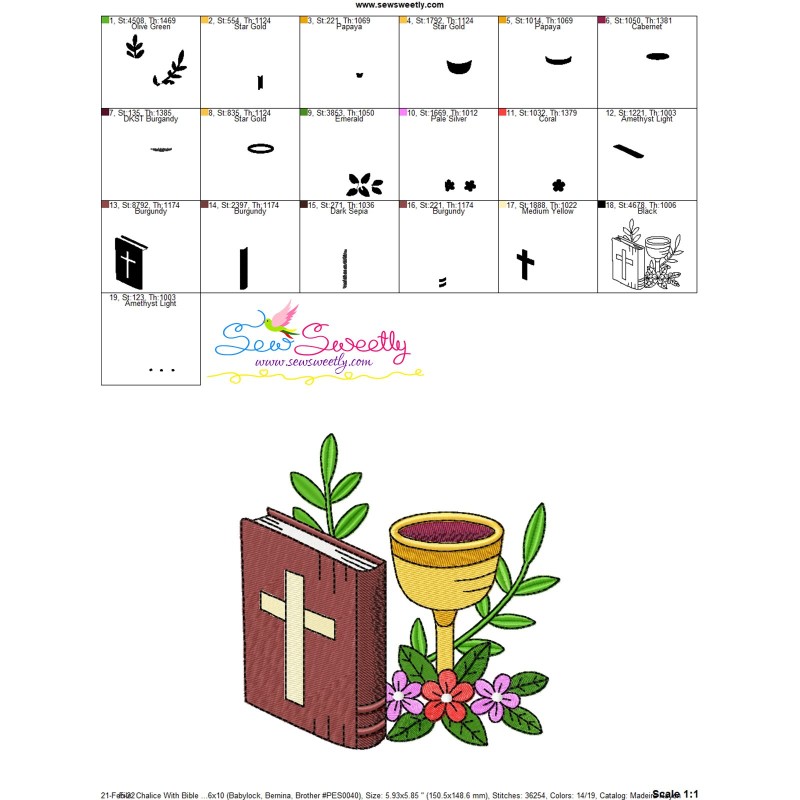 Chalice With Bible And Flowers Religious Embroidery Design Pattern