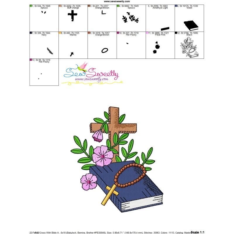 Cross With Bible Floral Religious Embroidery Design Pattern