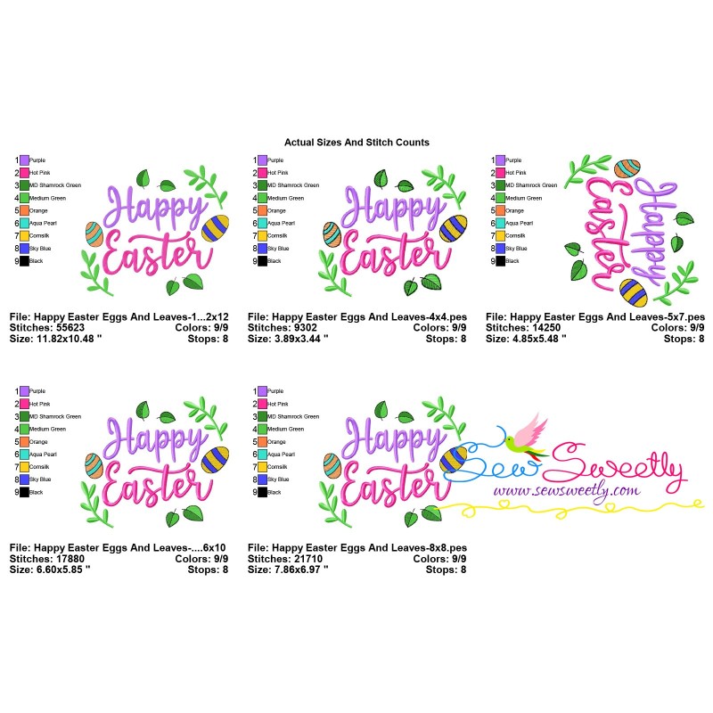 Happy Easter Eggs And Leaves Embroidery Lettering Design
