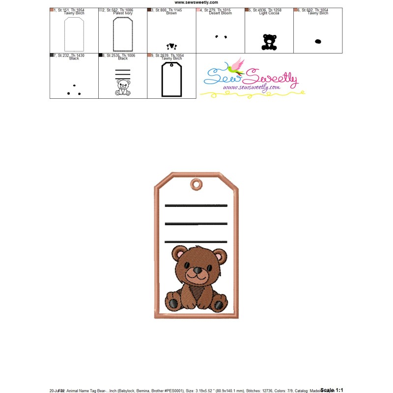 Animal Name Tag Bear ITH Embroidery Design Pattern With Free Font