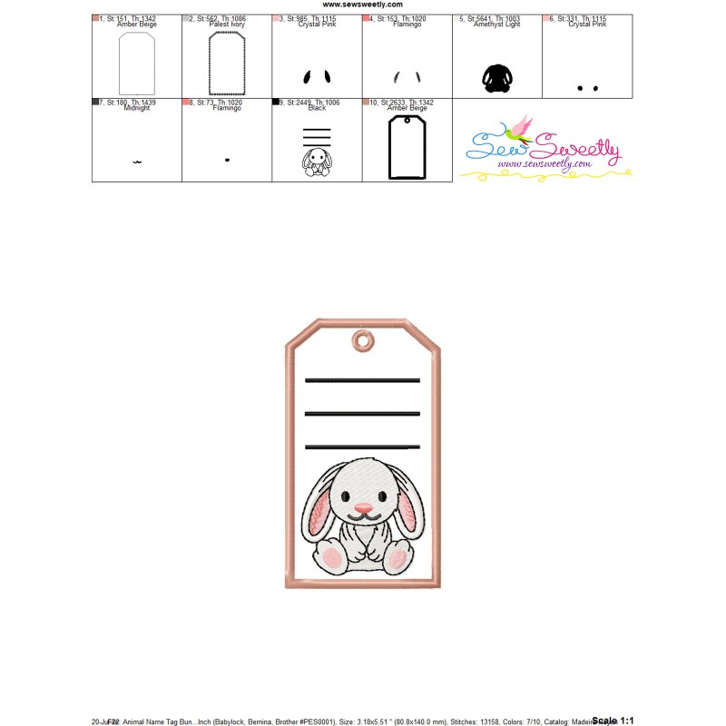 Animal Name Tag Bunny ITH Embroidery Design Pattern With Free Font