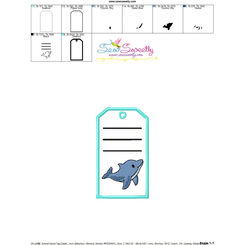 Animal Name Tag Dolphin ITH Embroidery Design Pattern With Free Font