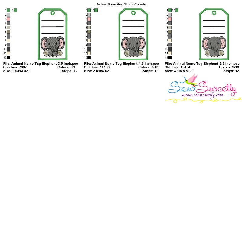 Animal Name Tag Elephant ITH Embroidery Design Pattern With Free Font