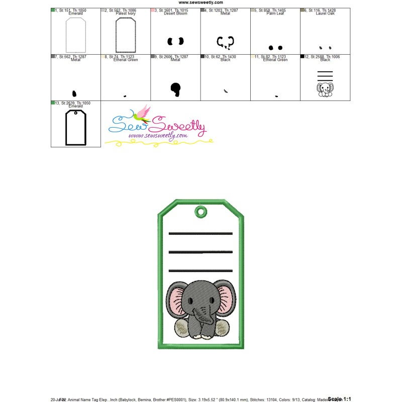 Animal Name Tag Elephant ITH Embroidery Design Pattern With Free Font