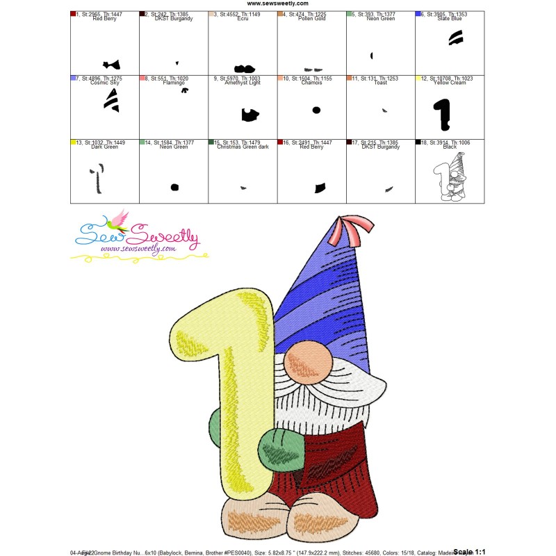 Gnome Birthday Number-1 Embroidery Design Pattern