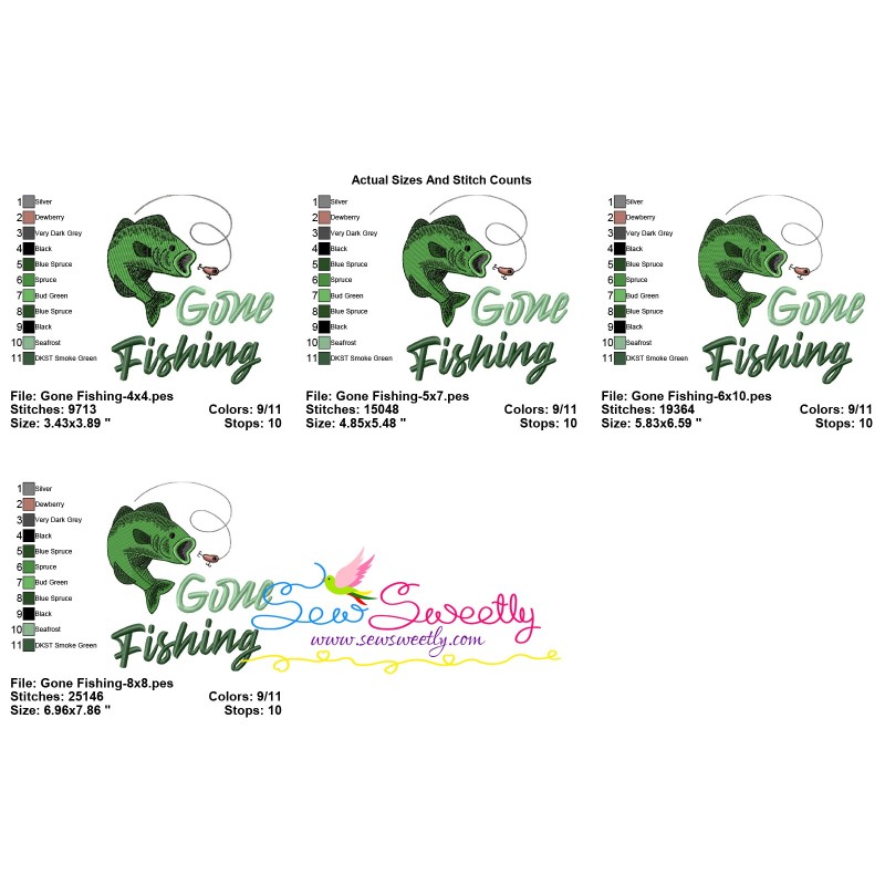 Gone Fishing Lettering Embroidery Design Pattern