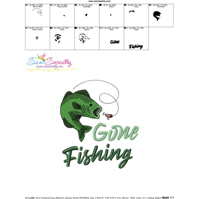 Gone Fishing Lettering Embroidery Design Pattern