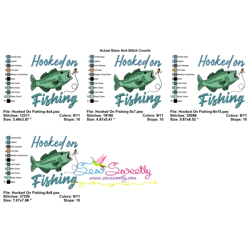 Hooked On Fishing Lettering Embroidery Design Pattern