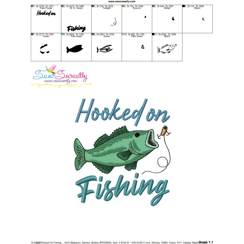 Hooked On Fishing Lettering Embroidery Design Pattern