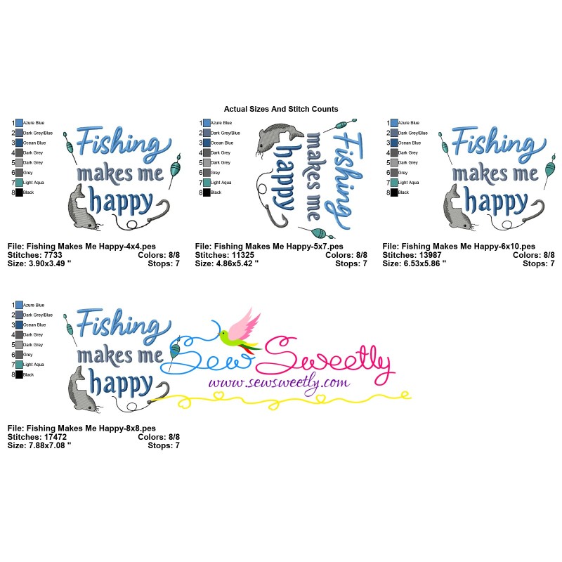 Fishing Makes Me Happy Lettering Embroidery Design Pattern