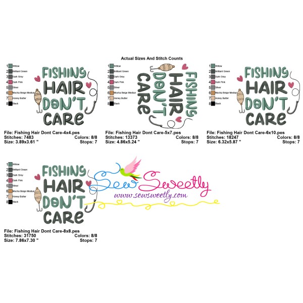 Fishing Hair Don't Care Lettering Embroidery Design Pattern