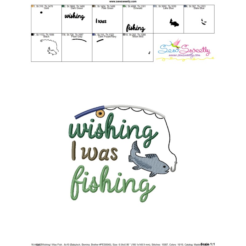 Wishing I Was Fishing Lettering Embroidery Design Pattern