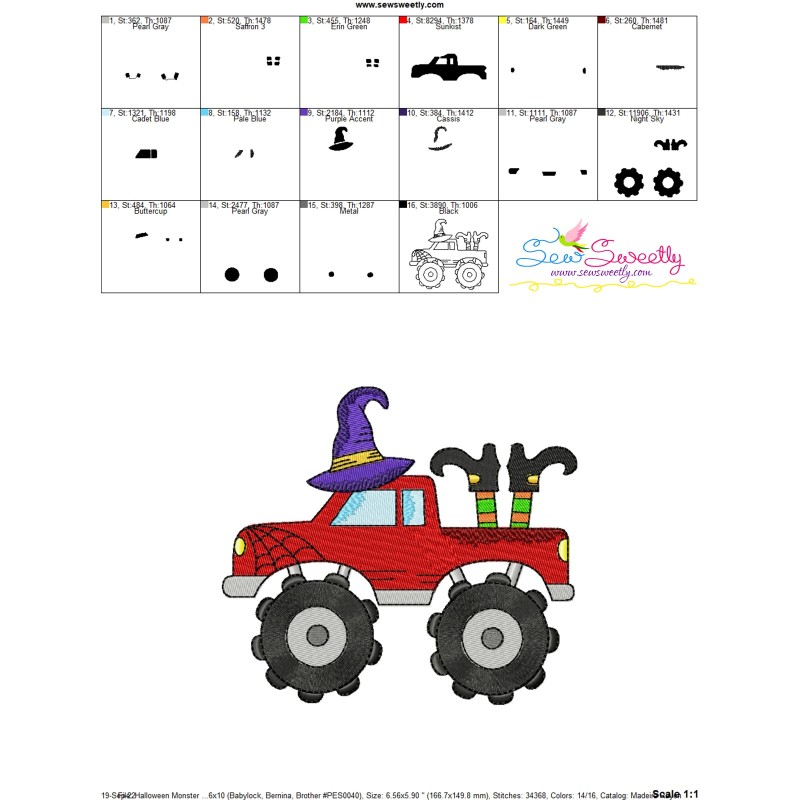 Halloween Monster Truck Witch Legs And Hat Embroidery Design Pattern