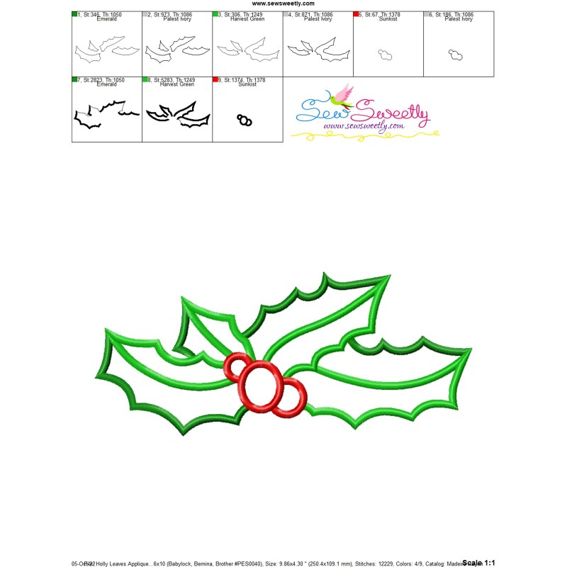 Christmas Holly Leaves-5 Applique Design Pattern