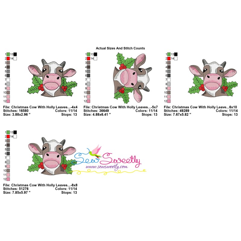 Christmas Cow With Holly Leaves Embroidery Design Pattern