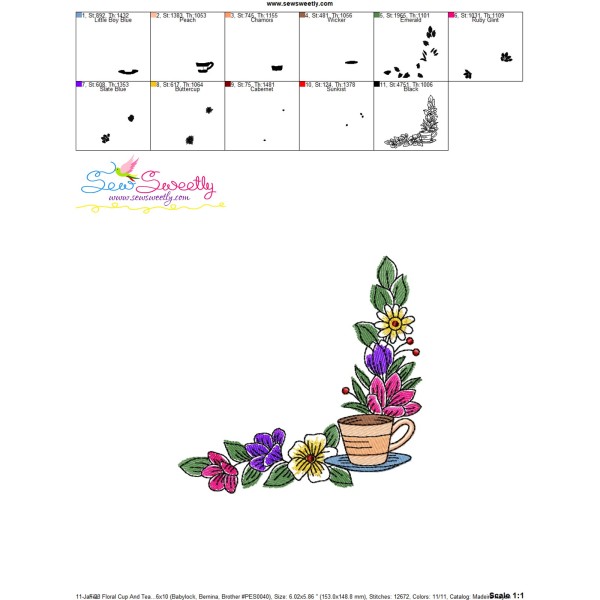 Floral Cup Corner-4 Kitchen Embroidery Design Pattern