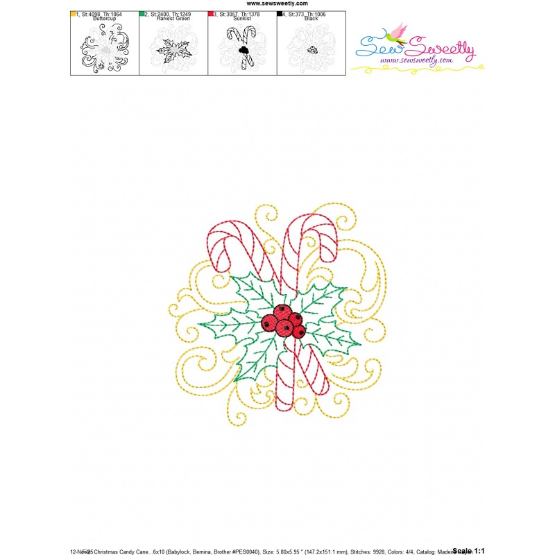 Christmas Candy Cane Filigree Embroidery Design