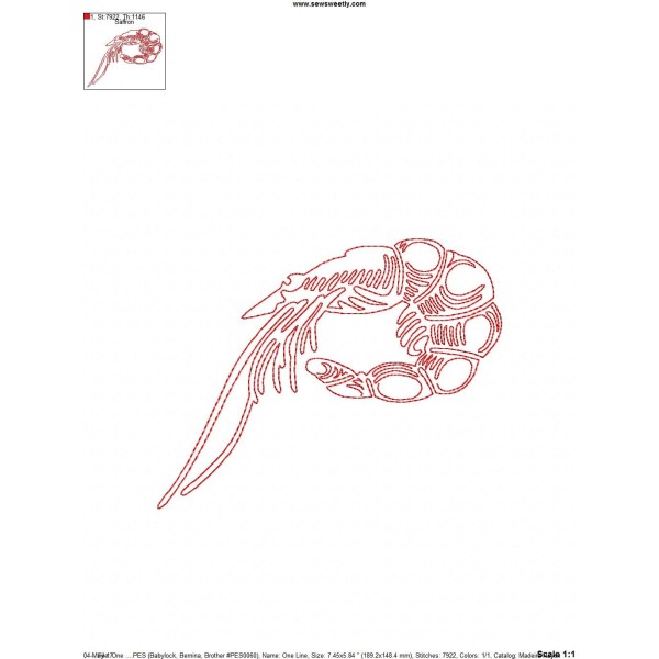 One Line Bean Stitch Prawn Embroidery Design Pattern