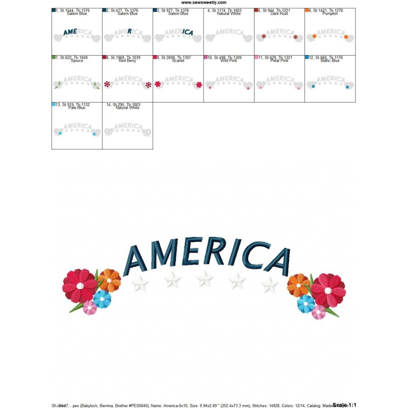 4th of July Floral America Embroidery Design Pattern