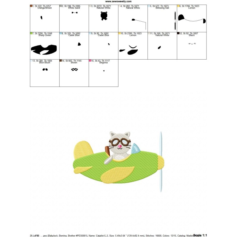 Cat Pilot Embroidery Design Pattern
