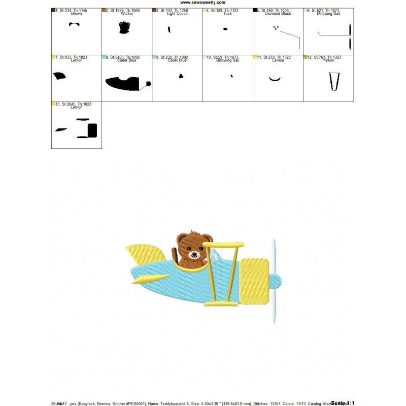 Teddy Bear Pilot Embroidery Design Pattern