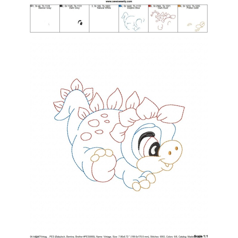 Free Vintage Stitch Baby Dinosaur-5 Embroidery Design Pattern