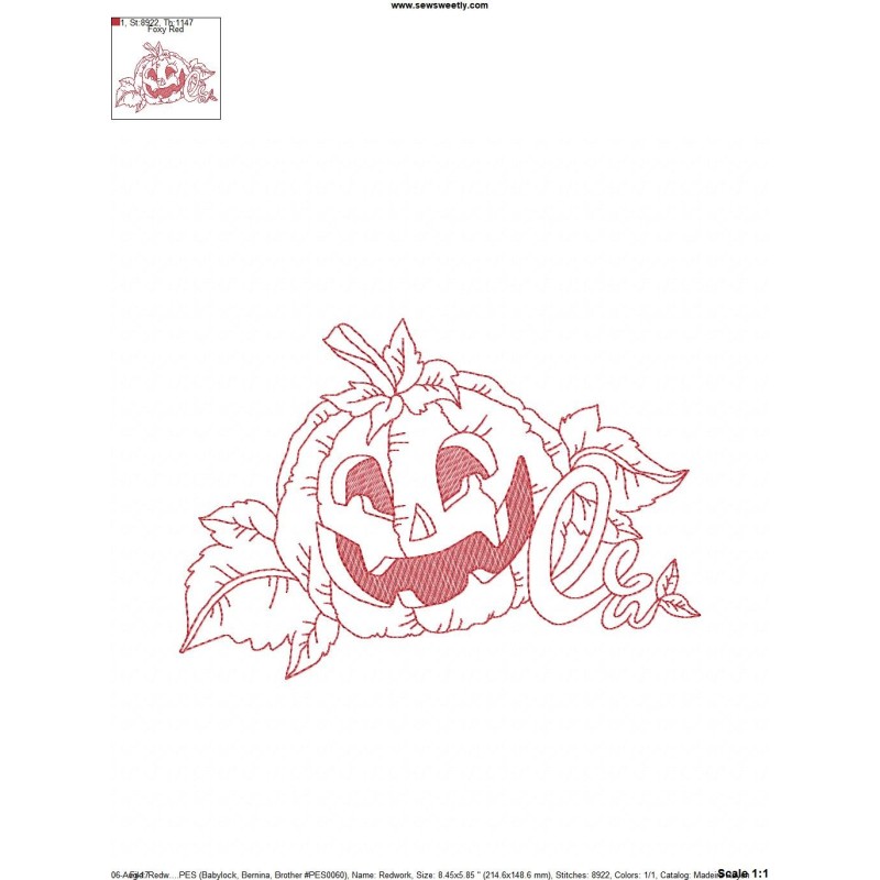 Redwork Halloween Pumpkin-1 Embroidery Design Pattern