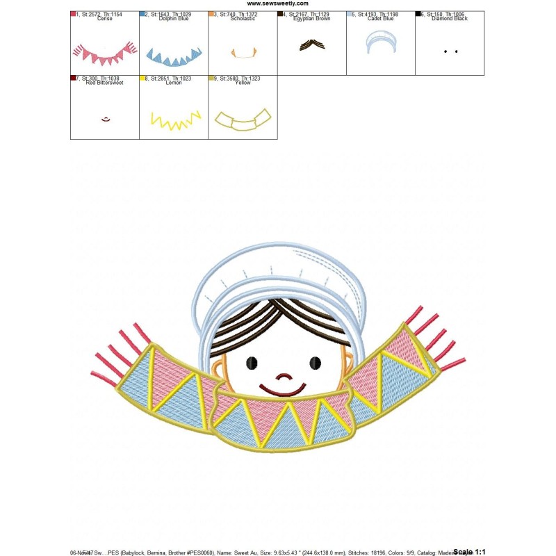 Thanksgiving Pilgrim Girl Scarf Embroidery Design Pattern