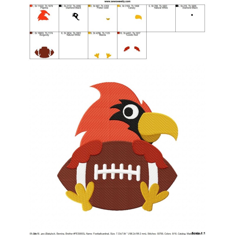 Football Cardinal Mascot Embroidery Design Pattern