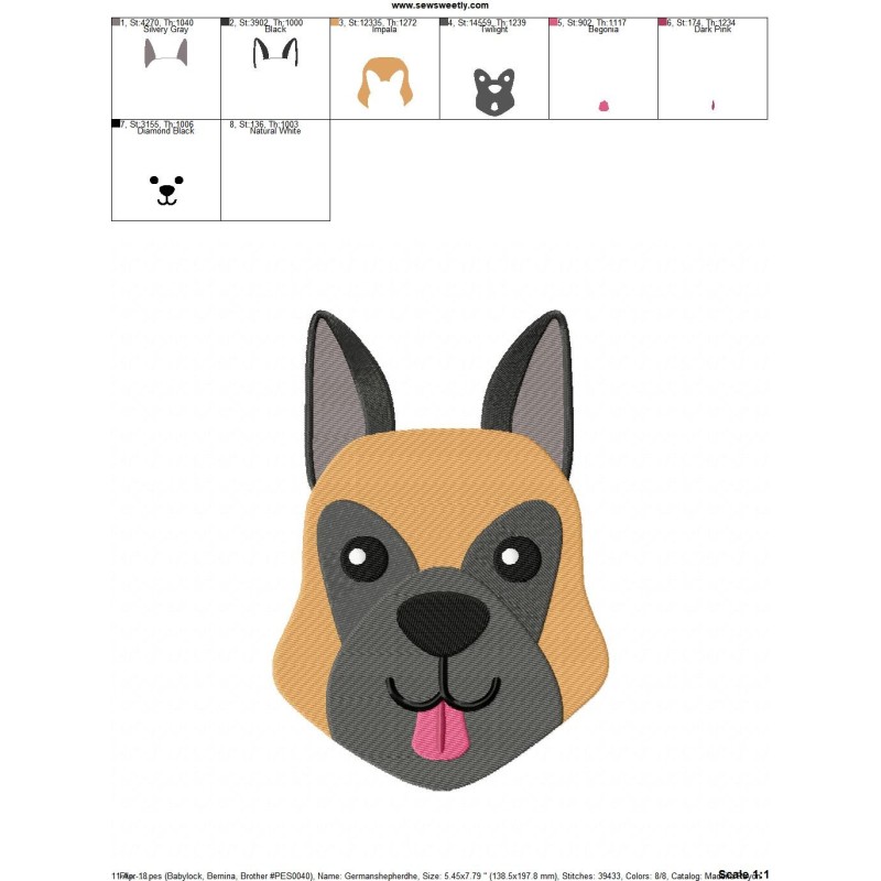 German Shepherd Dog Head Embroidery Design Pattern