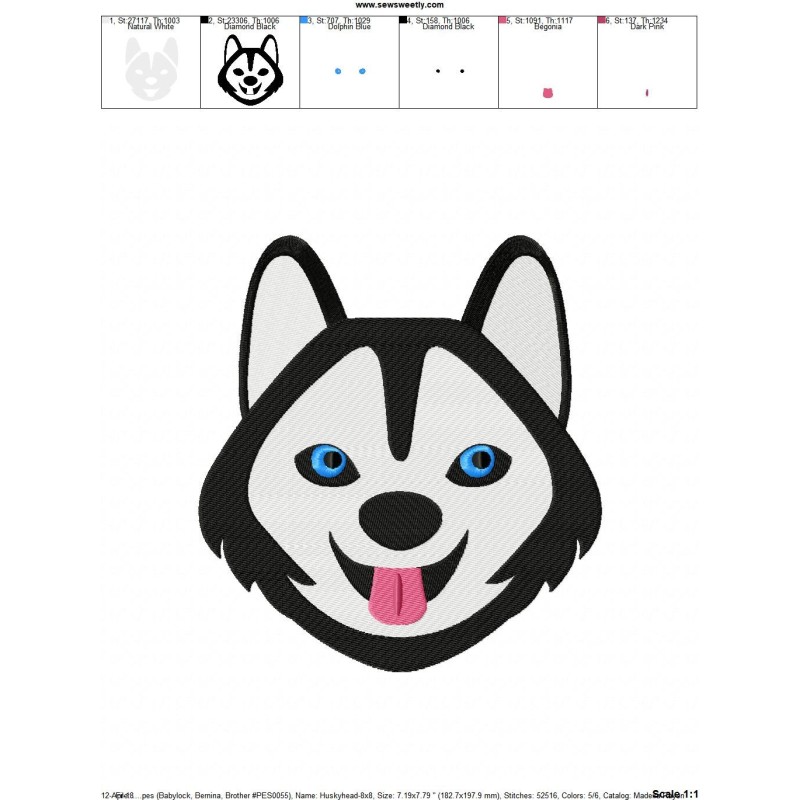 Husky Dog Head Embroidery Design Pattern