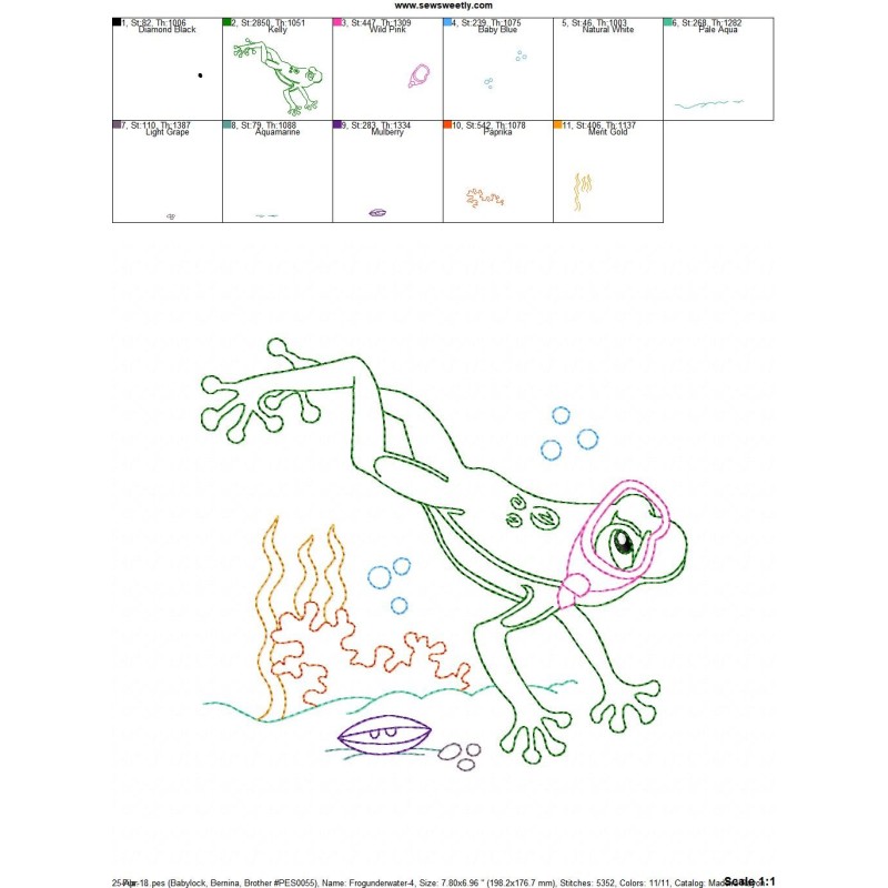 Bean Stitch Redwork Frog Underwater-4 Embroidery Design Pattern
