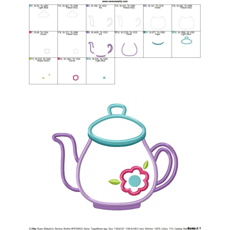 Floral Teapot Applique Design Pattern