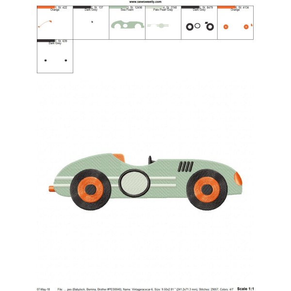 Vintage Race Car Embroidery Design Pattern