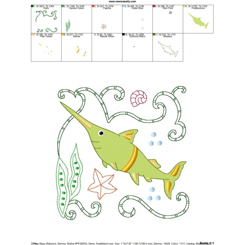 Sea Life Block- Swordfish Embroidery Design Pattern