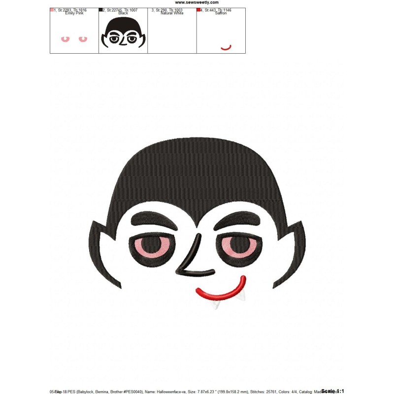 Halloween Face- Vampire-Filled Embroidery Design Pattern