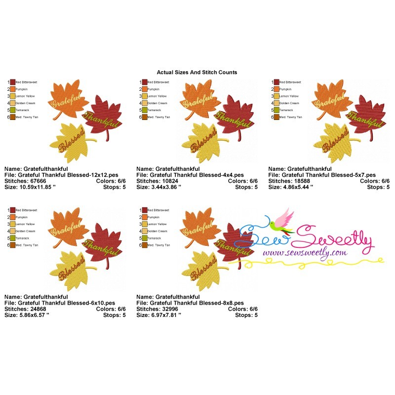 Grateful Thankful Blessed Leaves Lettering Embroidery Design Pattern