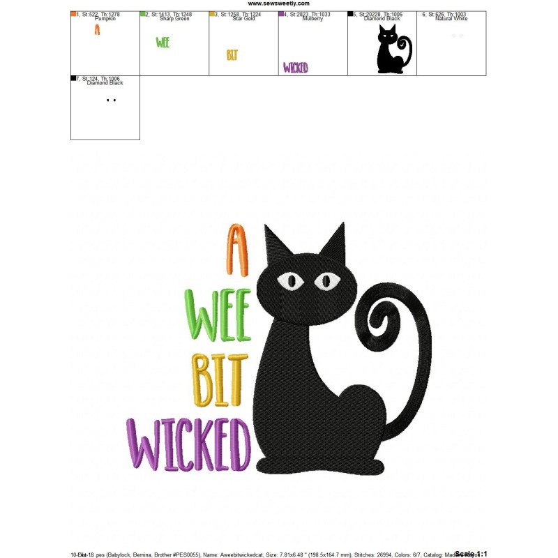 A Wee Bit Wicked Cat Lettering Embroidery Design Pattern